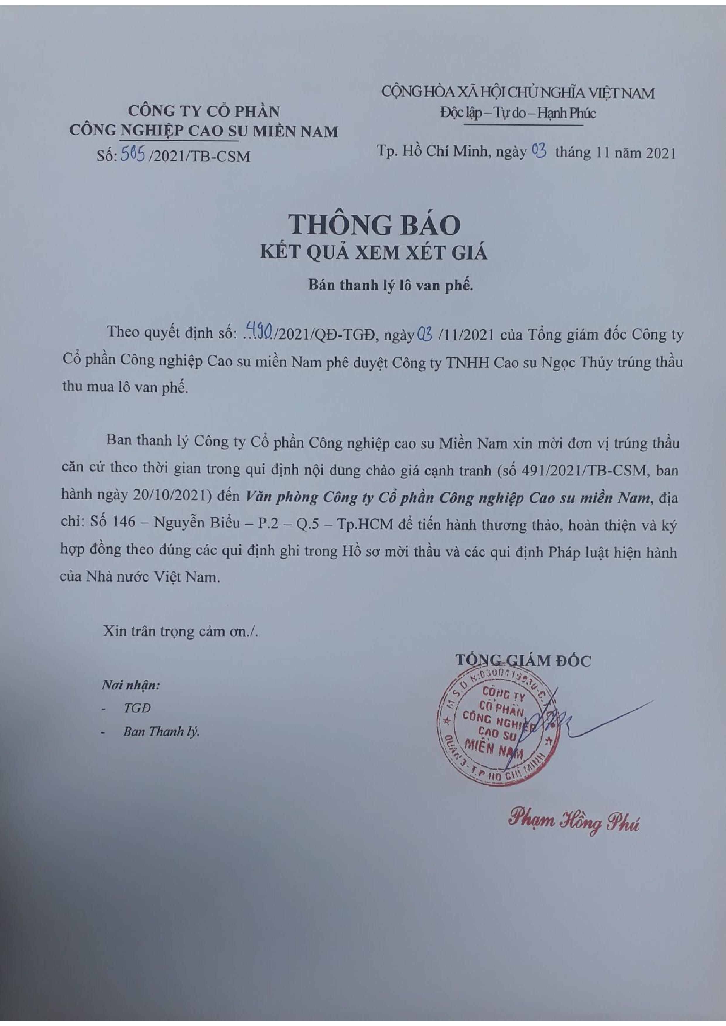 Casumina ThÔng BÁo KẾt QuẢ TrÚng ThẦu Van PhẾ 03112021 Thông Báo Kết Quả Trúng Thầu Số